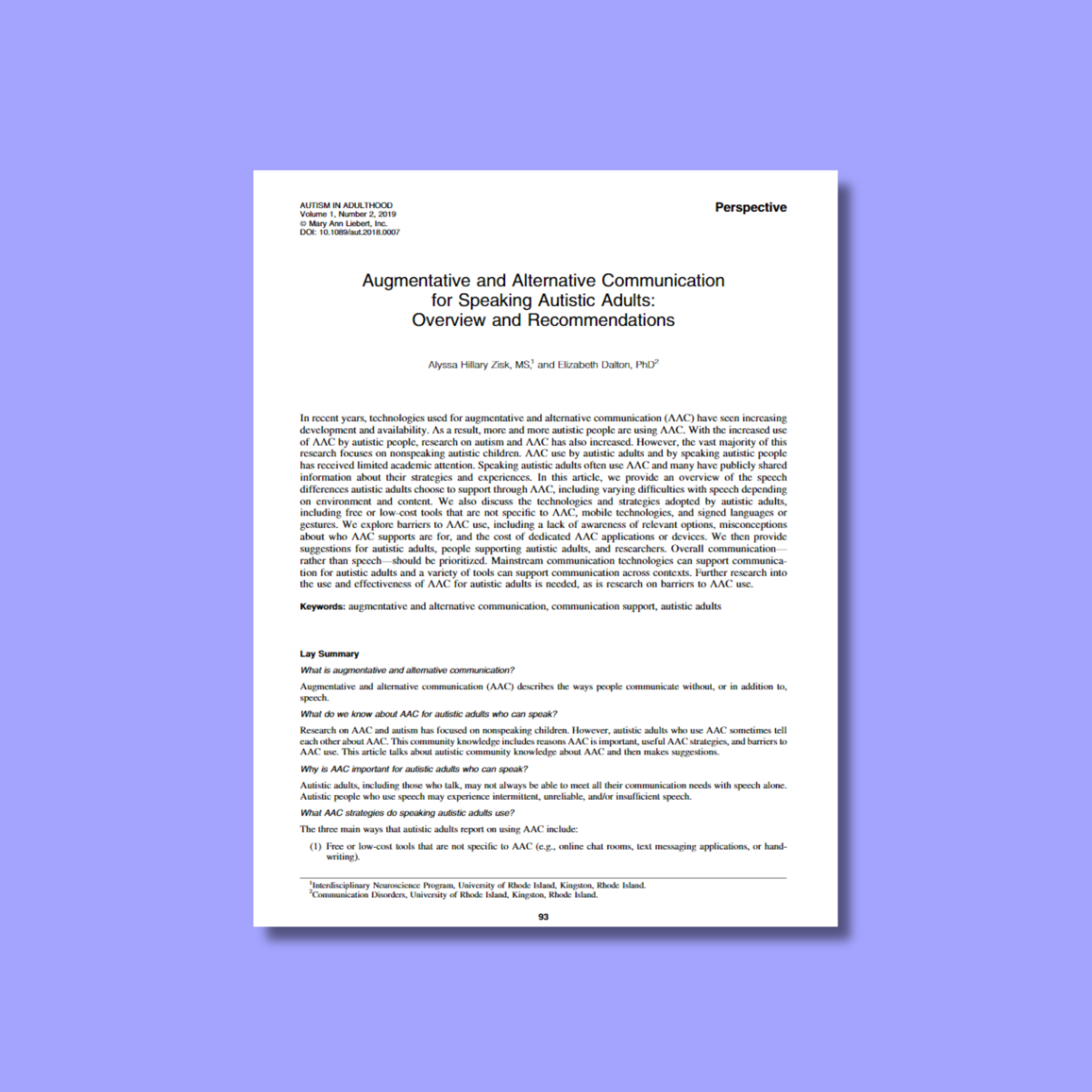 Augmentative and Alternative Communication for Speaking Autistic Adults: Overview and ...