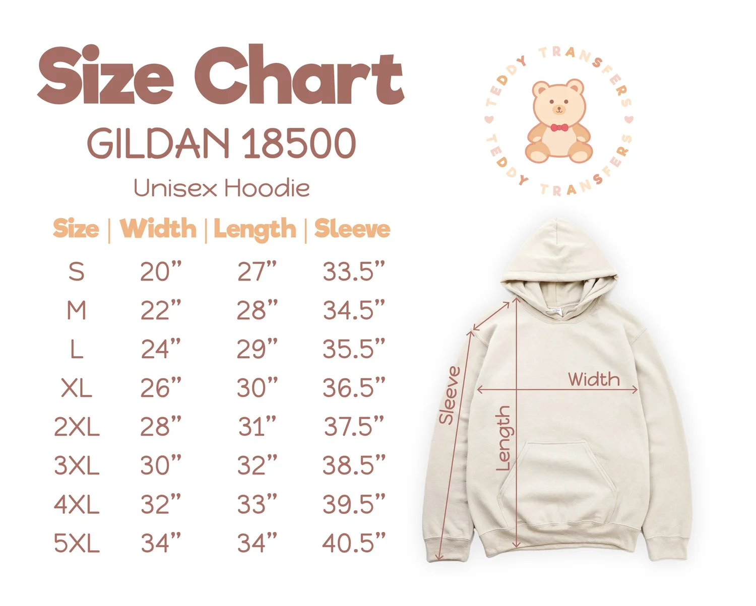 T-Shirt Size Chart for DTF Transfers | Placement Guide — Teddy Transfers