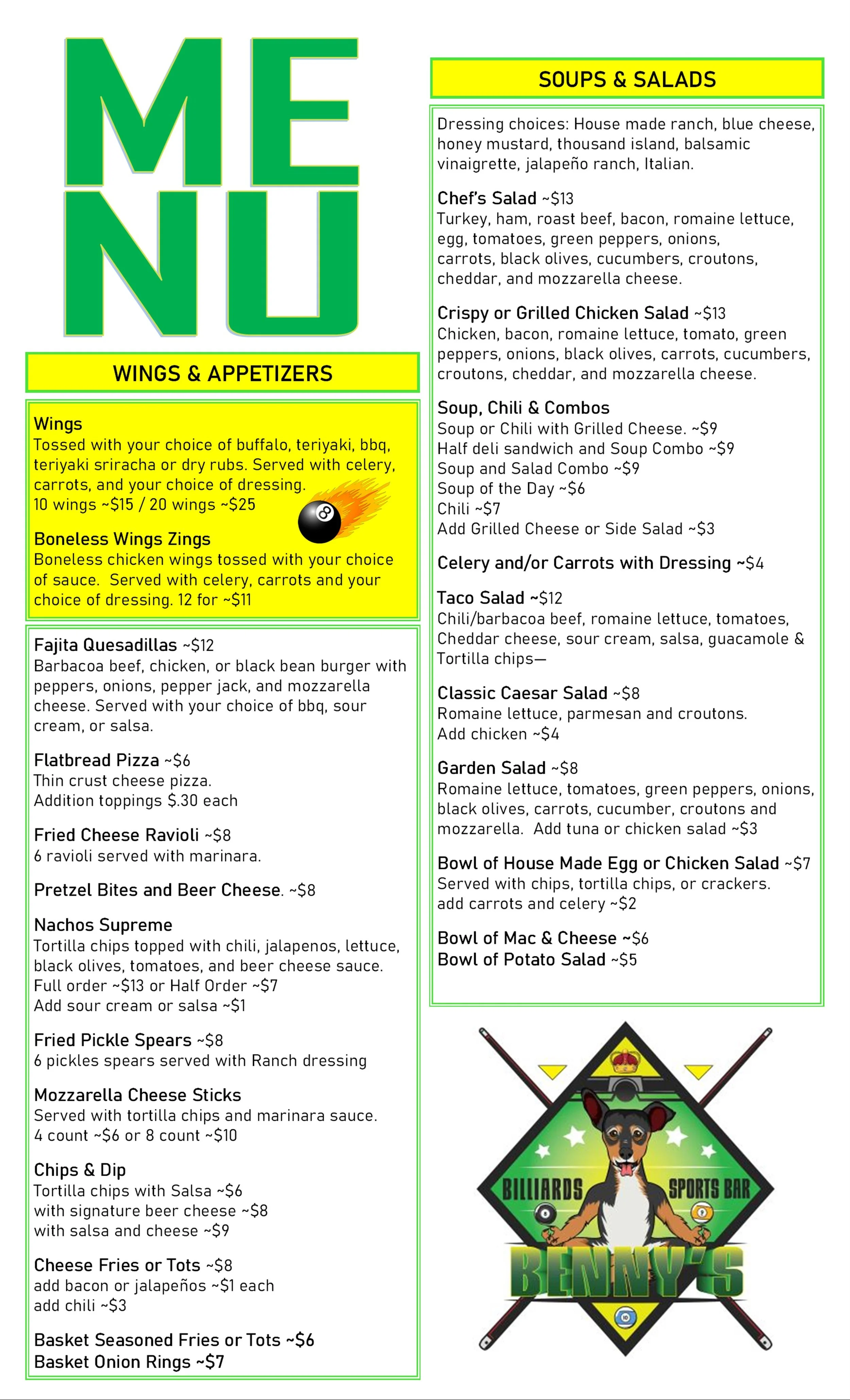 Menu — Benny's Billiards & Sports Bar