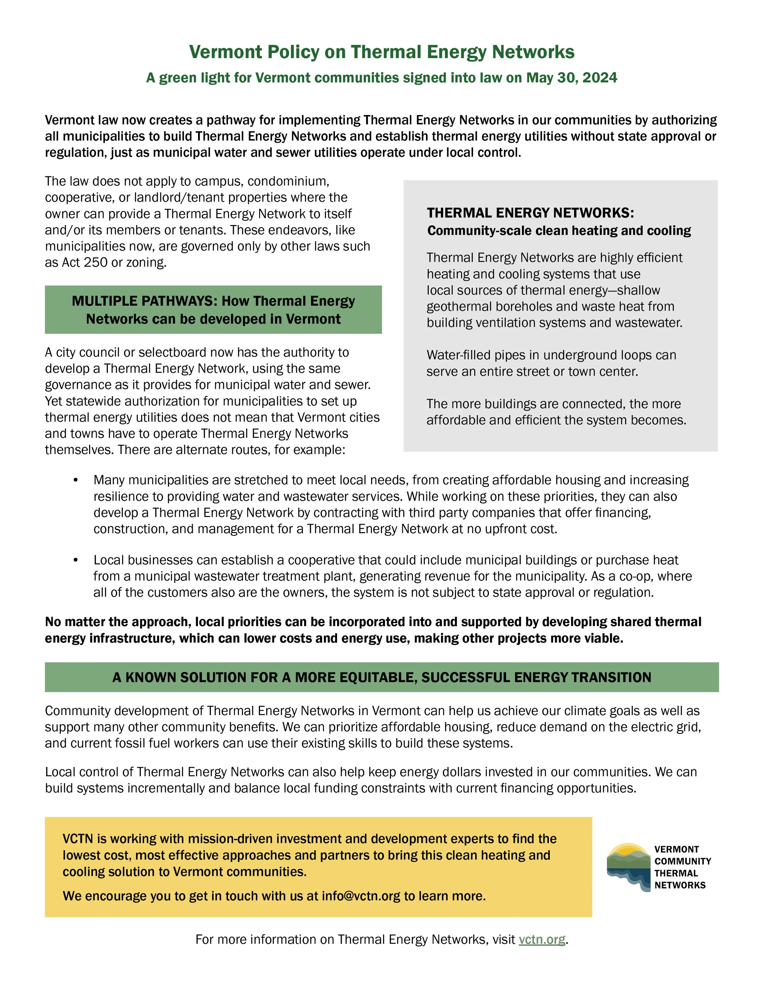 Fact Sheets and Resources — Vermont Community Thermal Networks