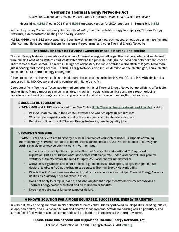 Fact Sheets and Resources — Vermont Community Thermal Networks