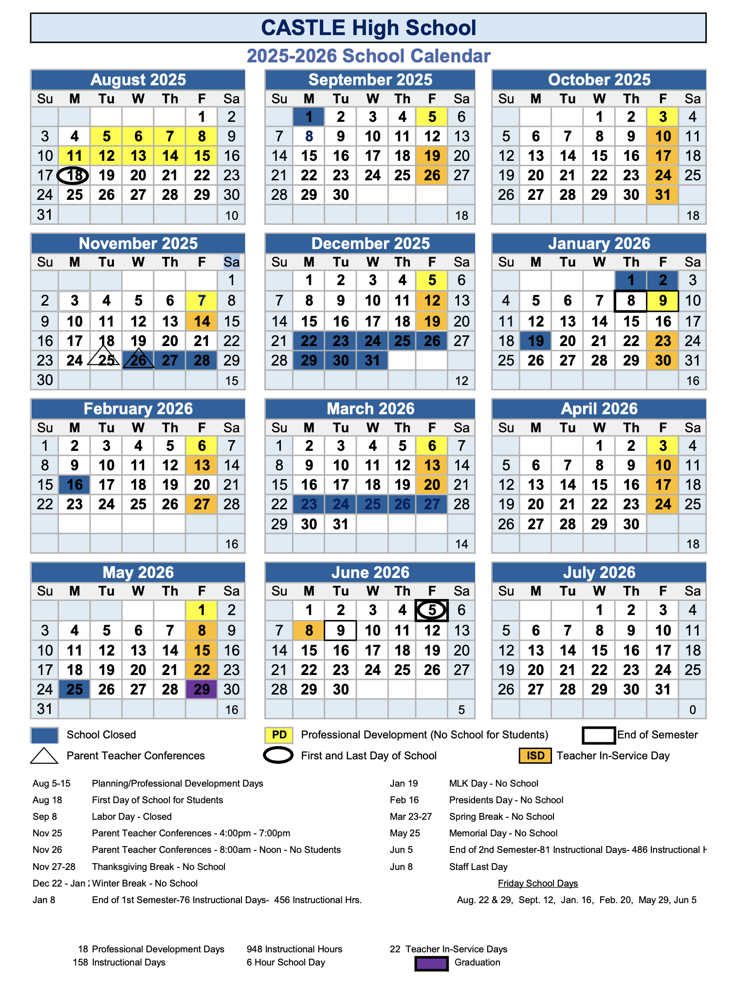 2025-2026 School Calendar | Castle High School