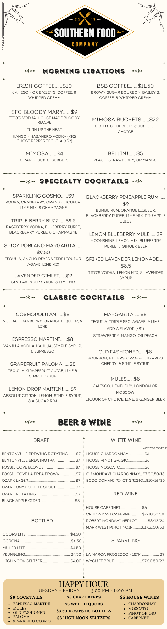 Bar Menu — Southern Food Company