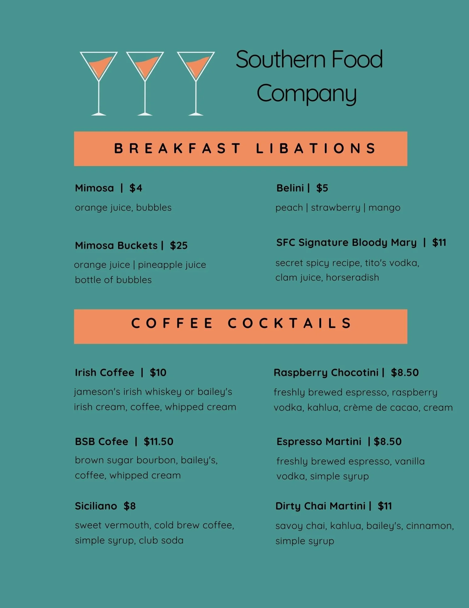 Bar Menu — Southern Food Company