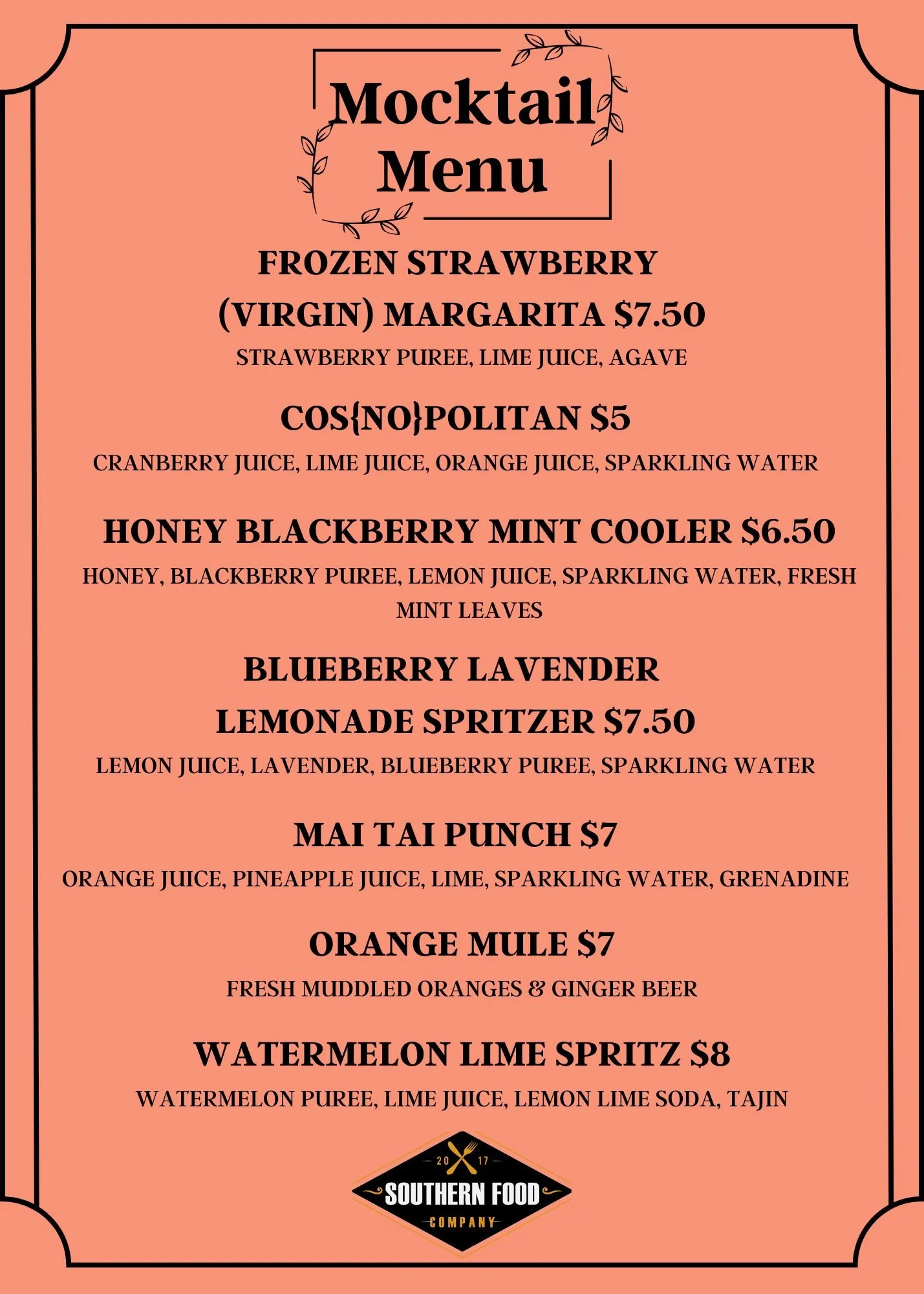 Bar Menu — Southern Food Company