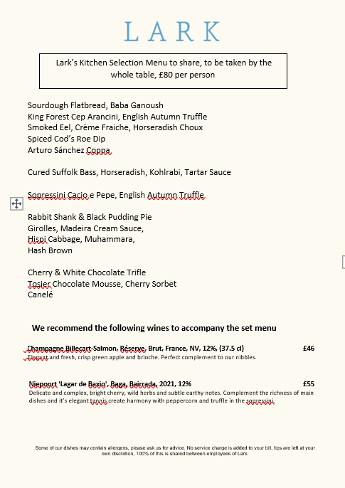 Sample Menu — Lark