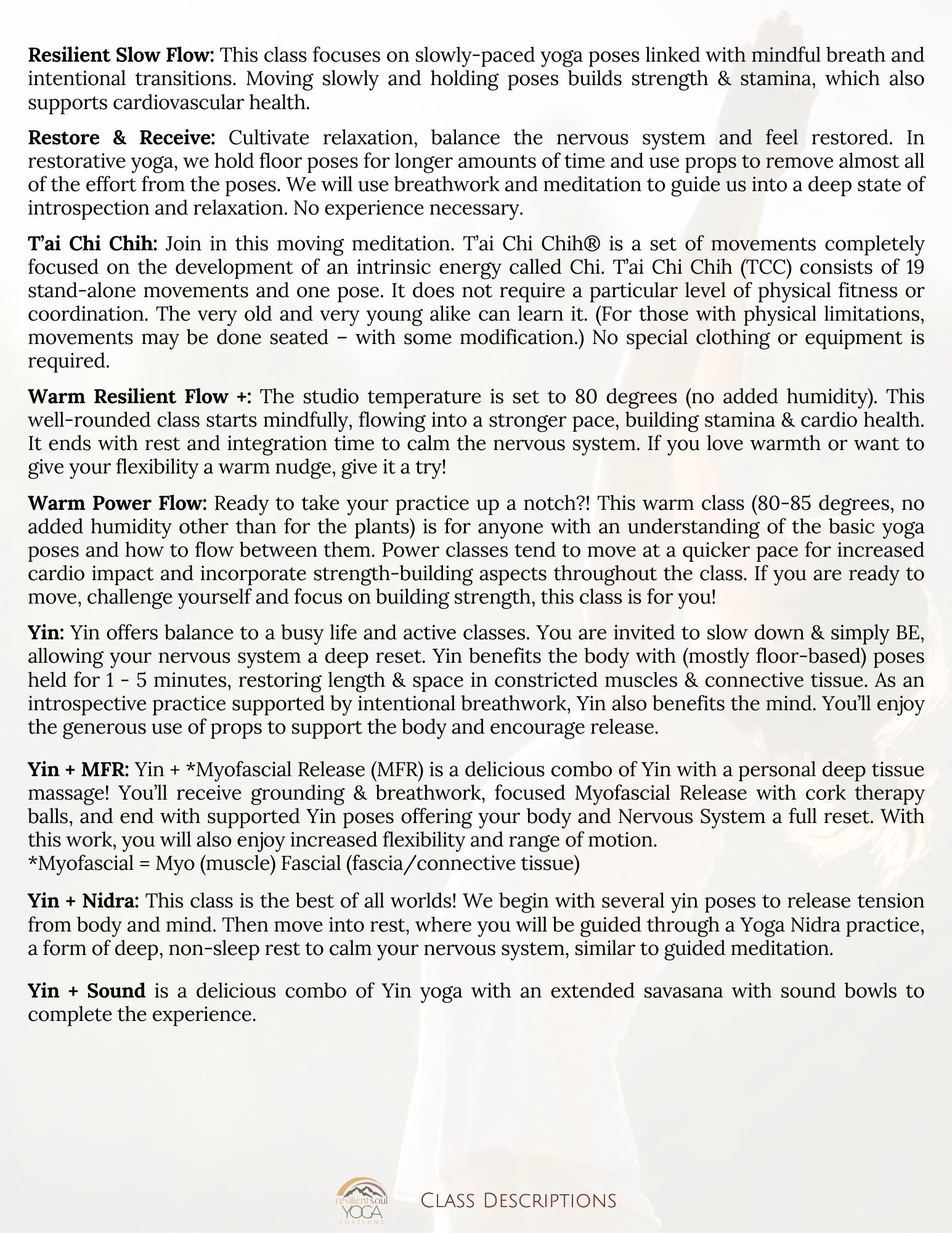 Resilient Soul Yoga Classes and Descriptions