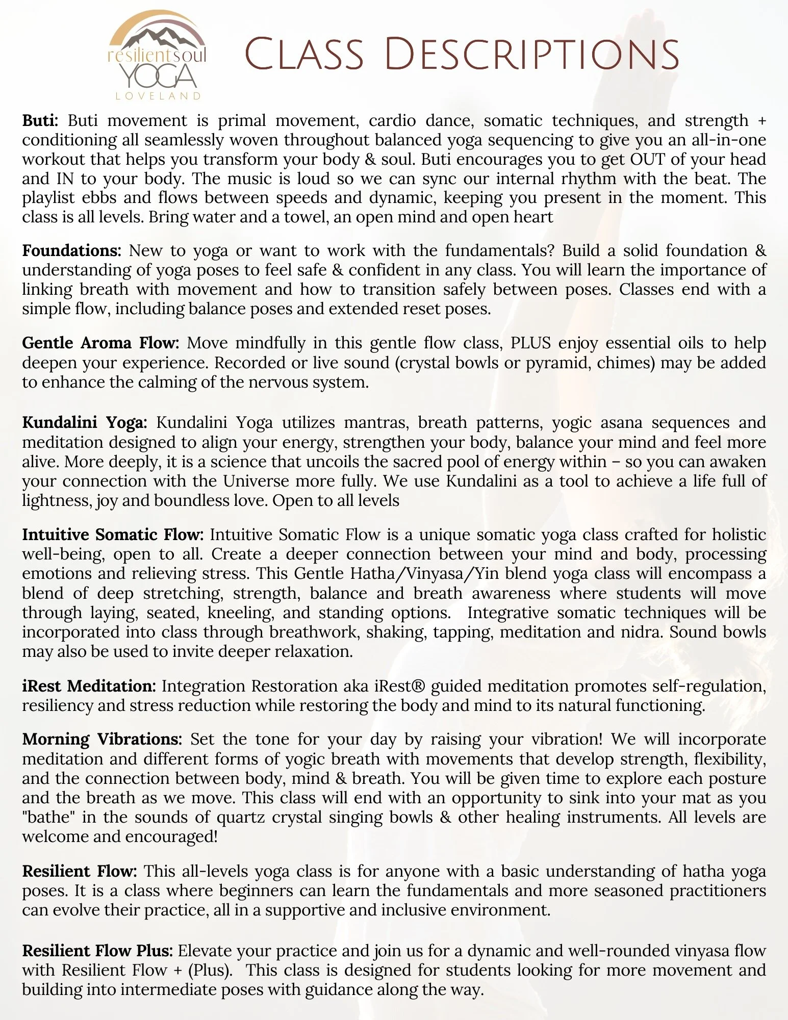 Resilient Soul Yoga Classes and Descriptions
