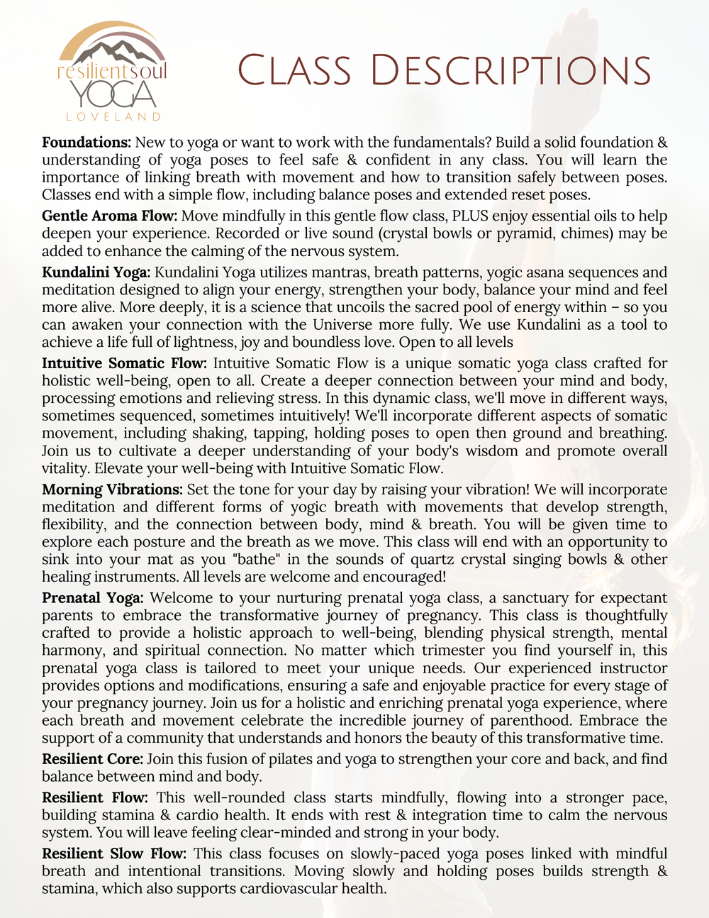 Resilient Soul Yoga Classes and Descriptions