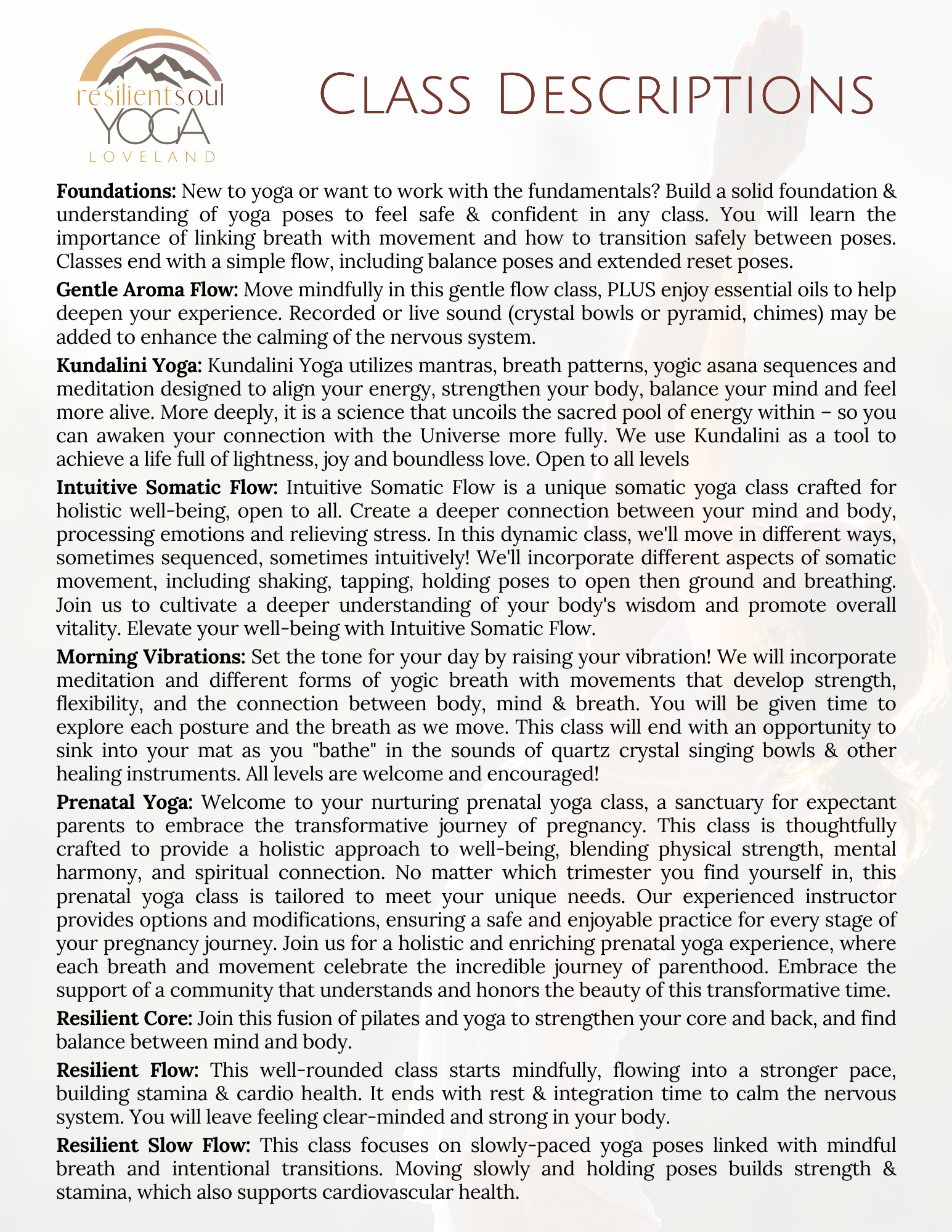 Resilient Soul Yoga Classes and Descriptions