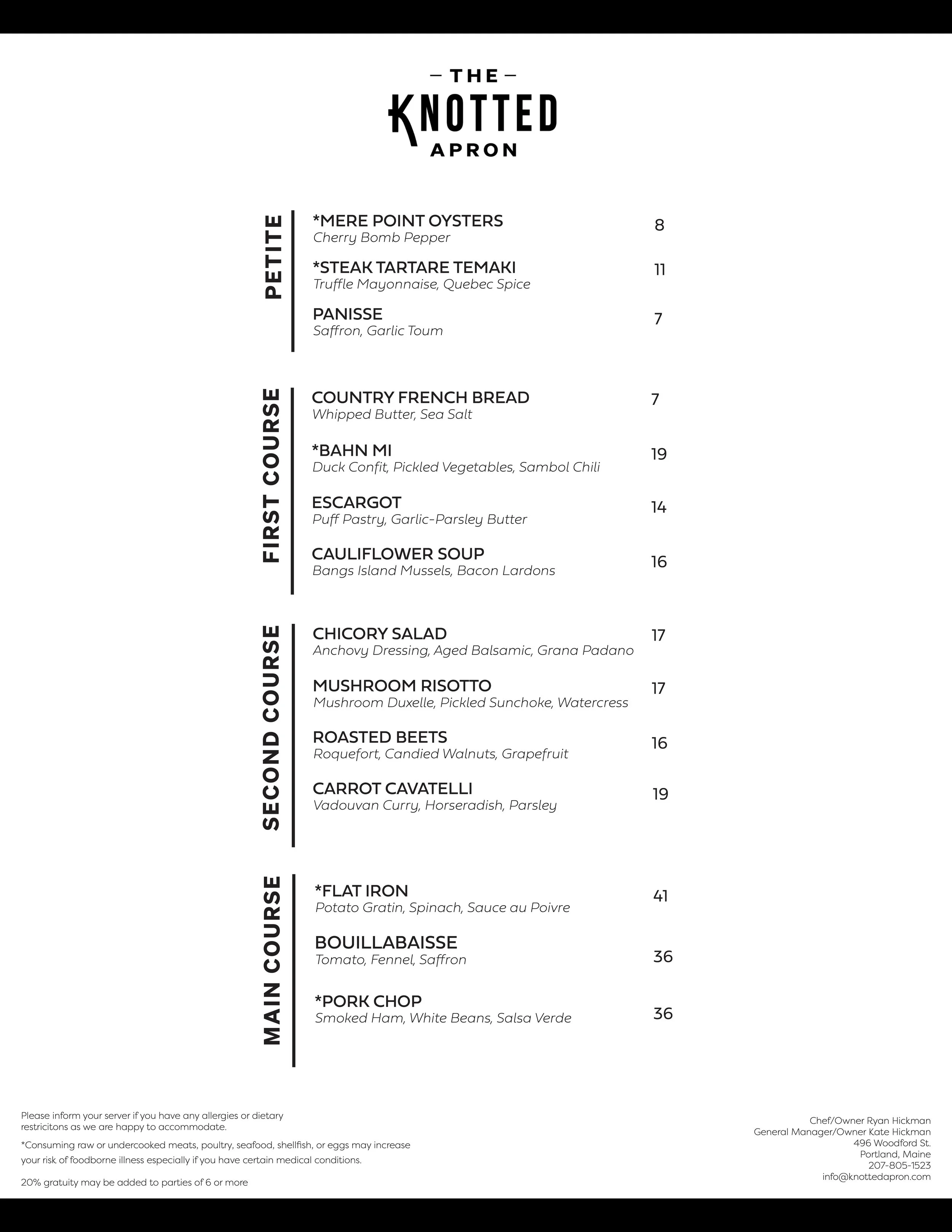 The Knotted Apron | French-American Bistro Menu | Portland, ME — The ...