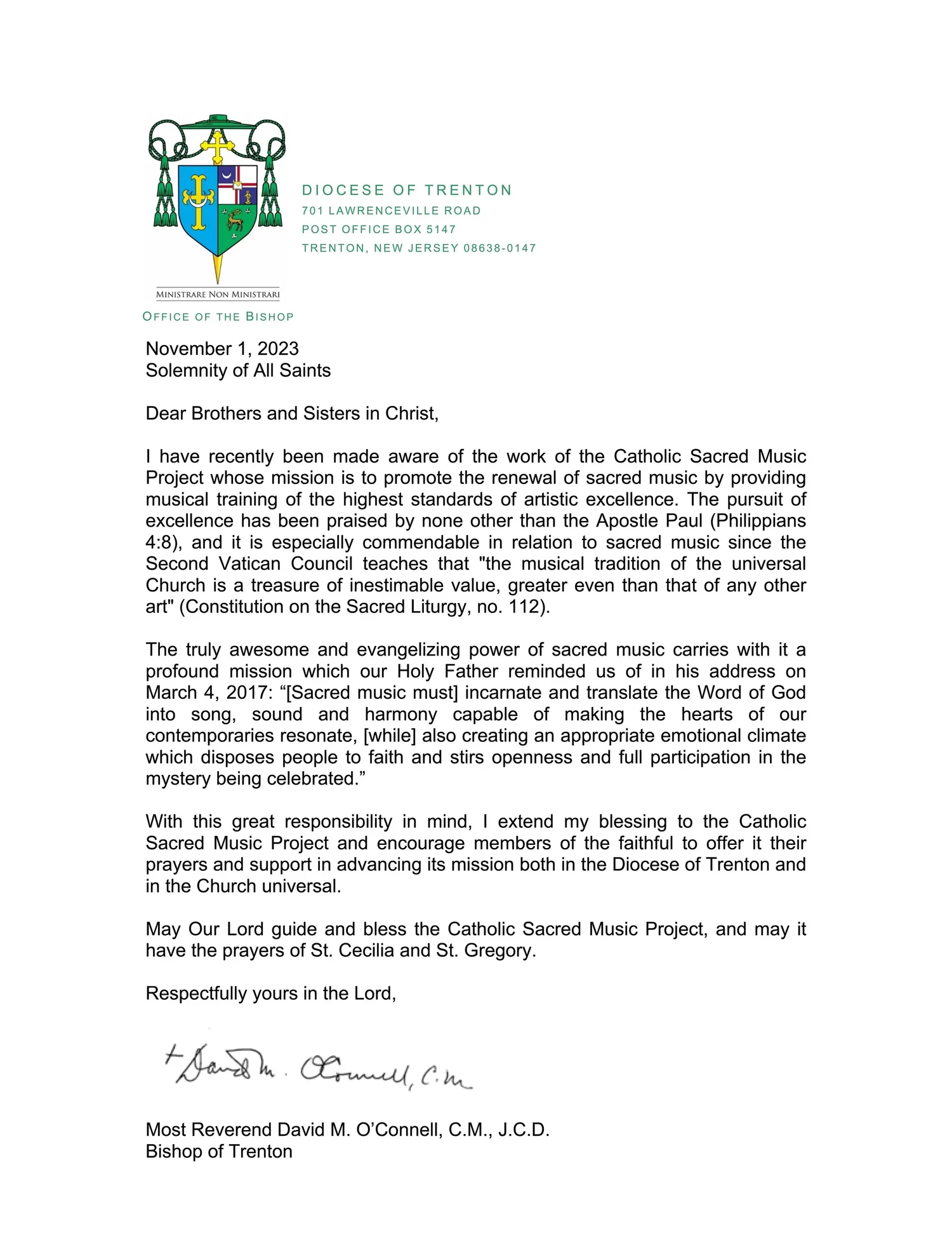 Letter of Blessing — Catholic Sacred Music Project