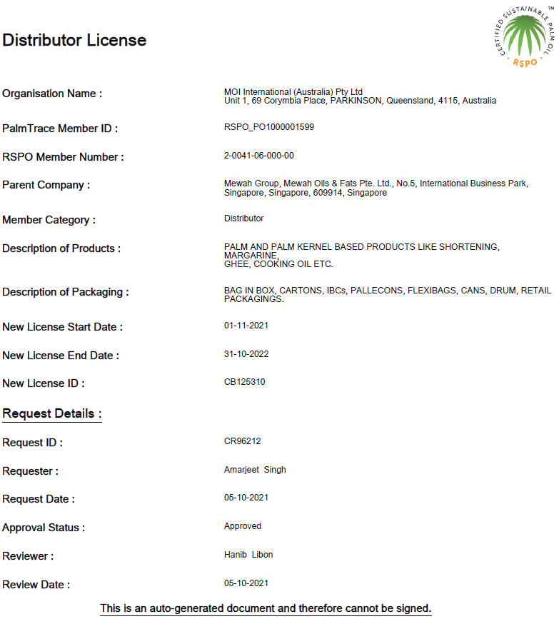 RSPO Certification — MOI International