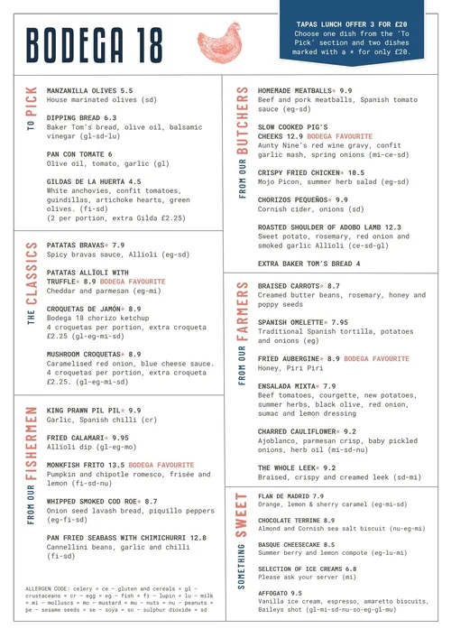 Spanish Cuisine Tapas Menu | Small Spanish Dishes | Bodega 18 Cornwall ...