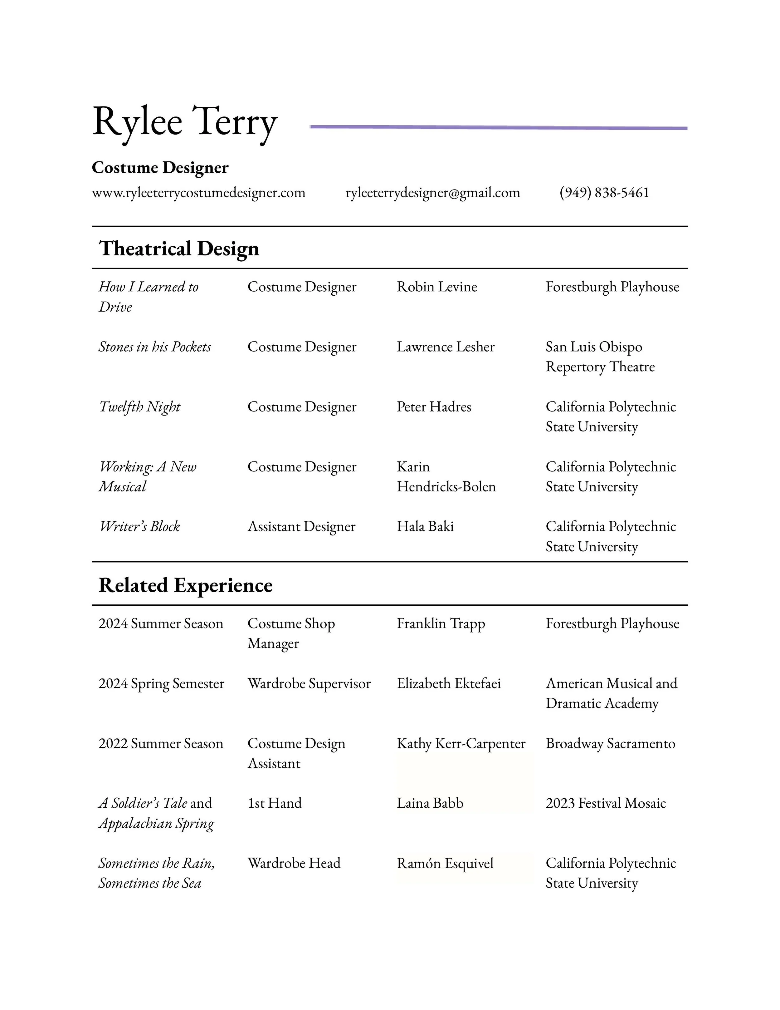 Resume — Rylee Terry: Costume Designer