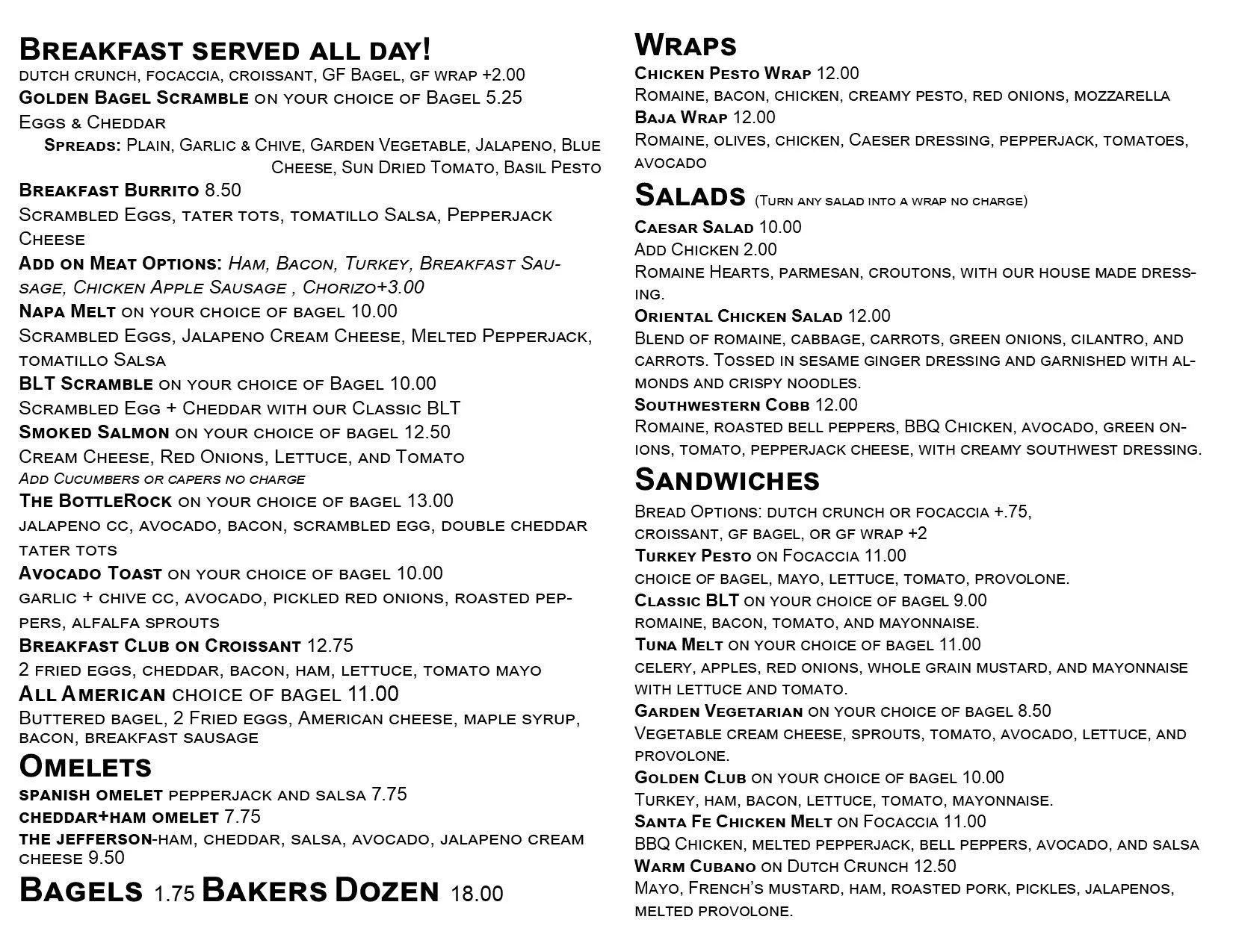 menu — golden bagel napa