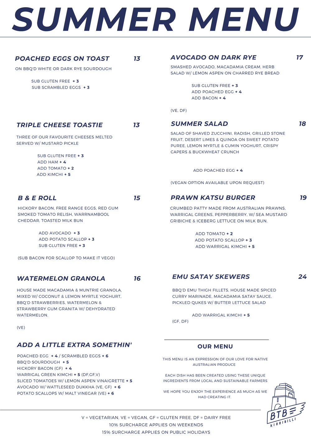 Menu — BTB Kirribilli