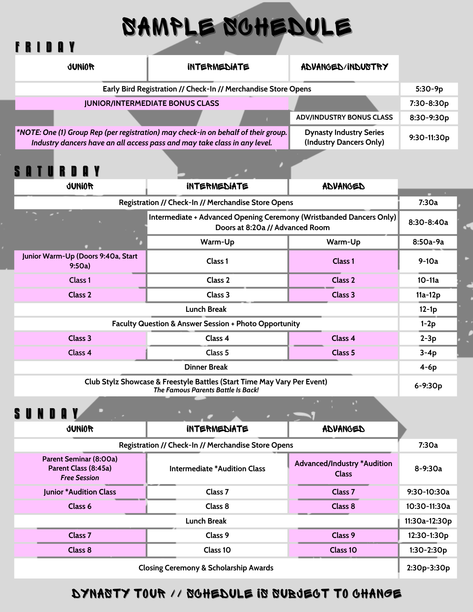 Sample Schedule — Monsters Dance
