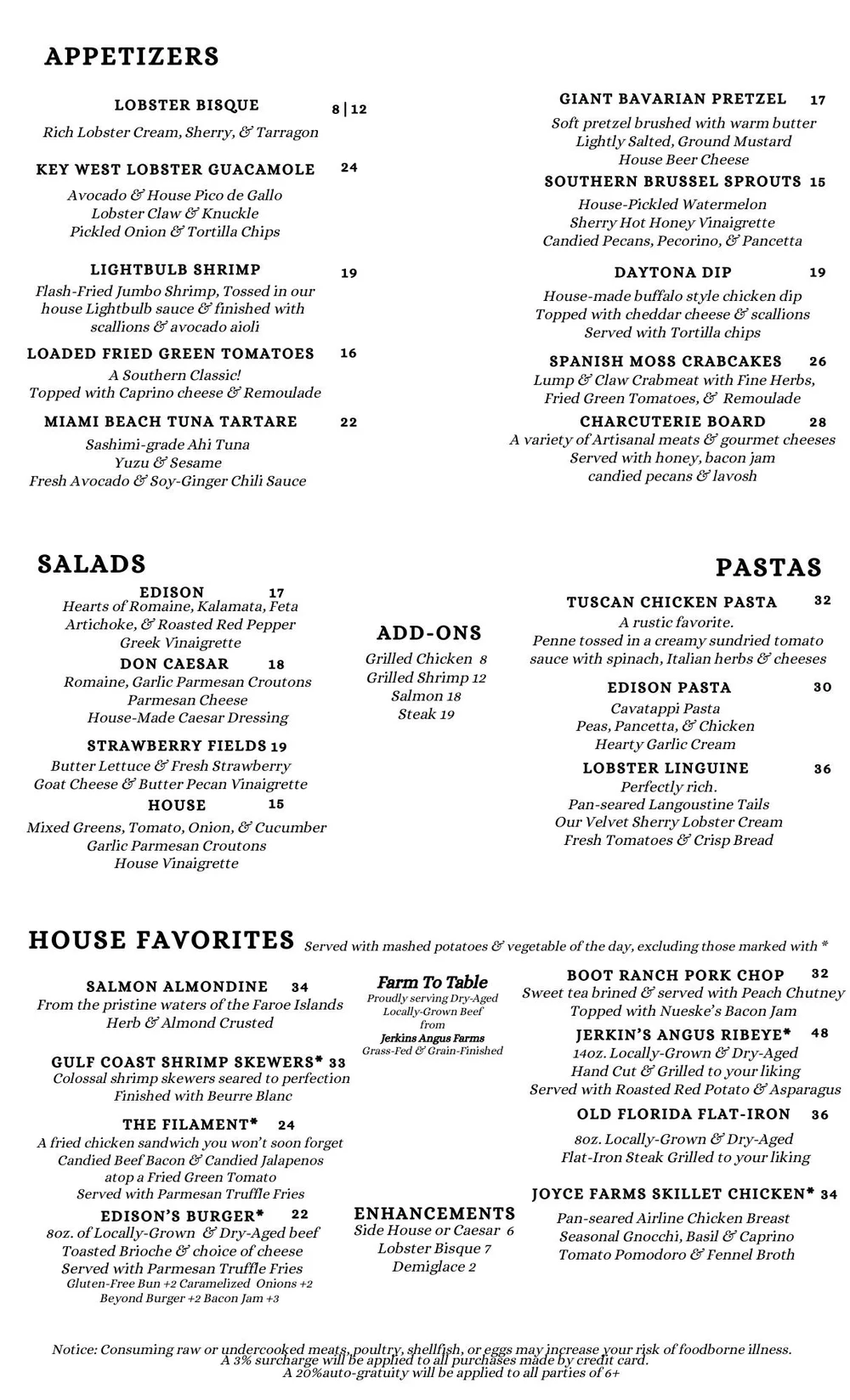 The Edison Restaurant Tallahassee Florida Dinner Menu — The Edison ...