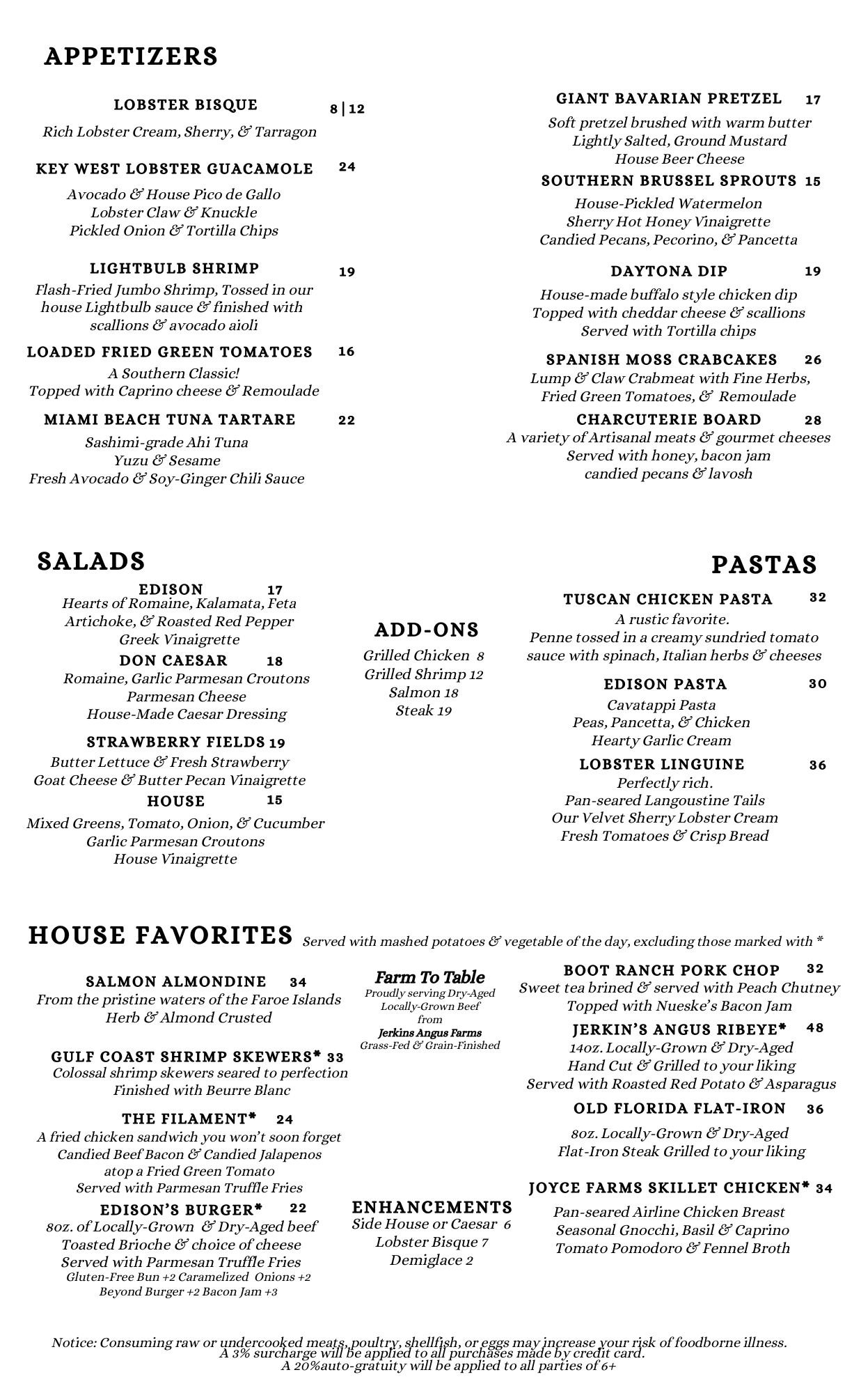 The Edison Restaurant Tallahassee Florida Dinner Menu — The Edison ...