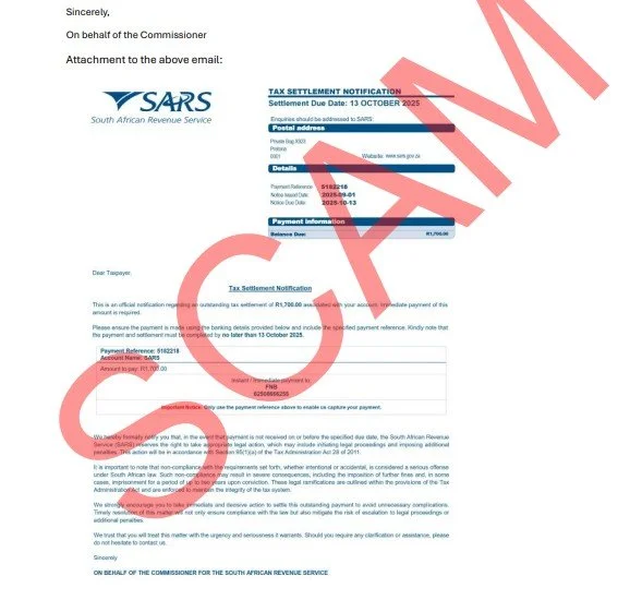 SARS SCAM ALERT: “Settlement Notification – Action Required” Email ...