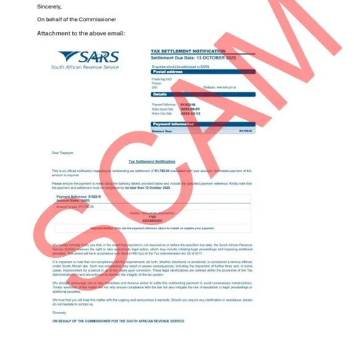 SARS SCAM ALERT: “Settlement Notification – Action Required” Email ...
