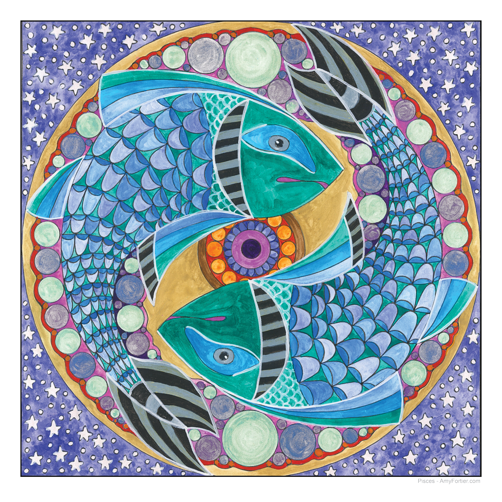 Pisces Mandala Coloring Poster/Print - Hand drawn, Watercolor Art ...