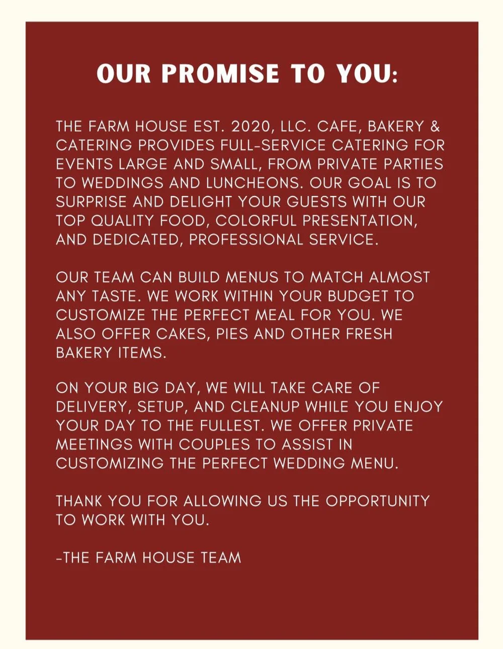 Farmhouse Catering — Farmhouse Cafe & Bakery
