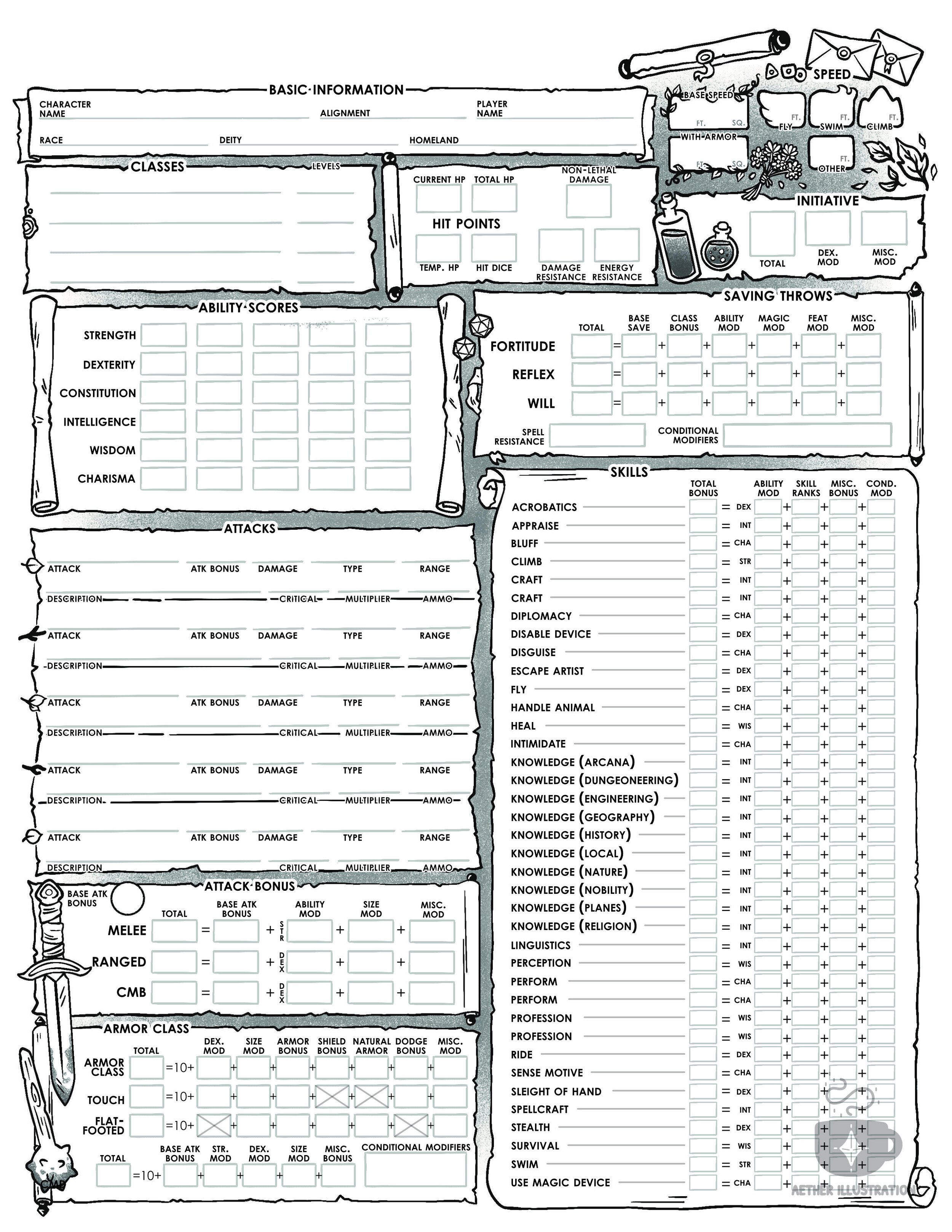 Bespoke Character Sheets for your TTRPG — Aether Illustration