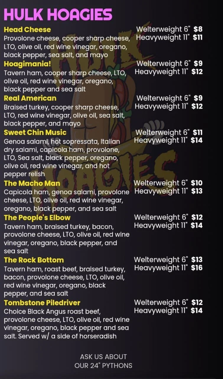 Hulk Hoagies Menu — YAH Brew - Hershey Brewery & Taproom