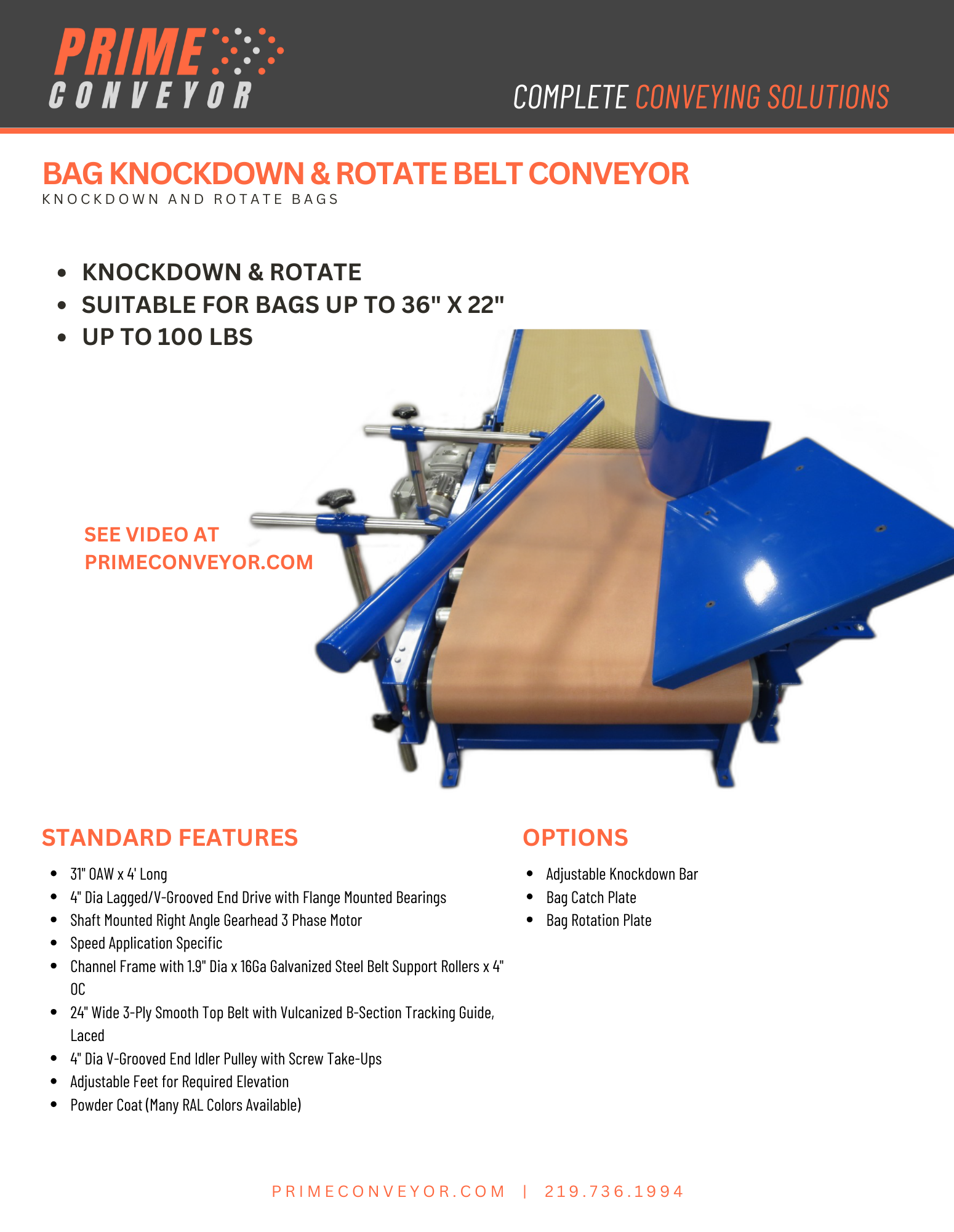 BAG KNOCKDOWN + ROTATE BELT CONVEYOR — Prime Conveyor