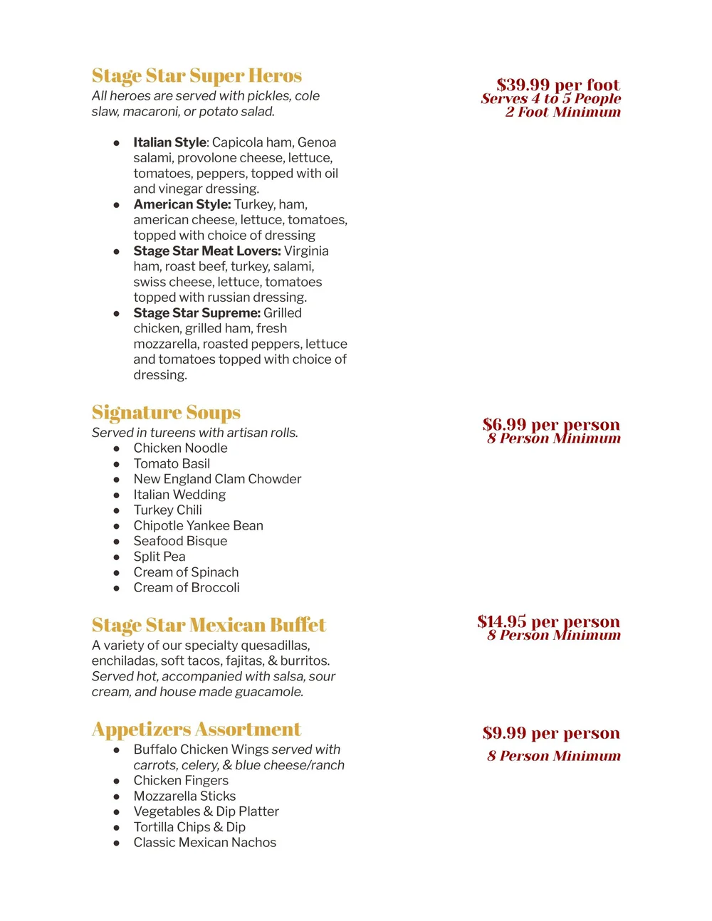 Catering Menu — Stage Star Deli