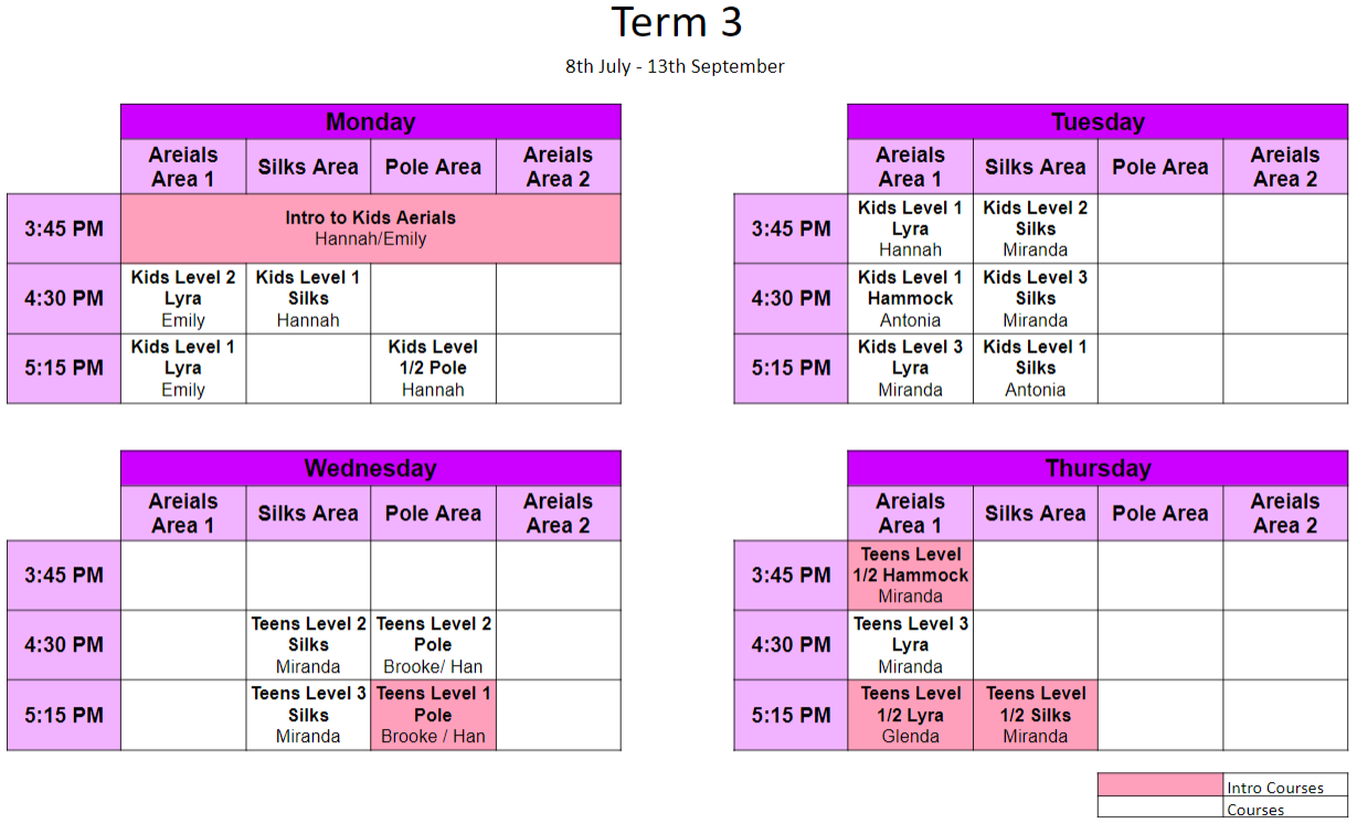 Timetable — Infinity Pole Aerial Dance