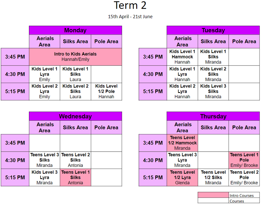 Timetable — Infinity Pole Aerial Dance