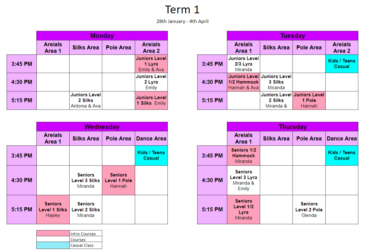 Timetable — Infinity Pole Aerial Dance