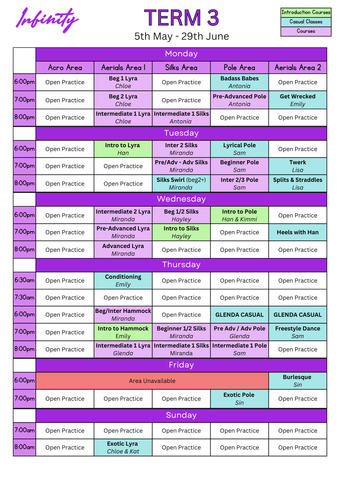 Timetable — Infinity Pole Aerial Dance