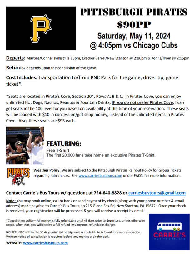 Pittsburgh Pirates vs Chicago Cubs — Carrie's Bus Tours