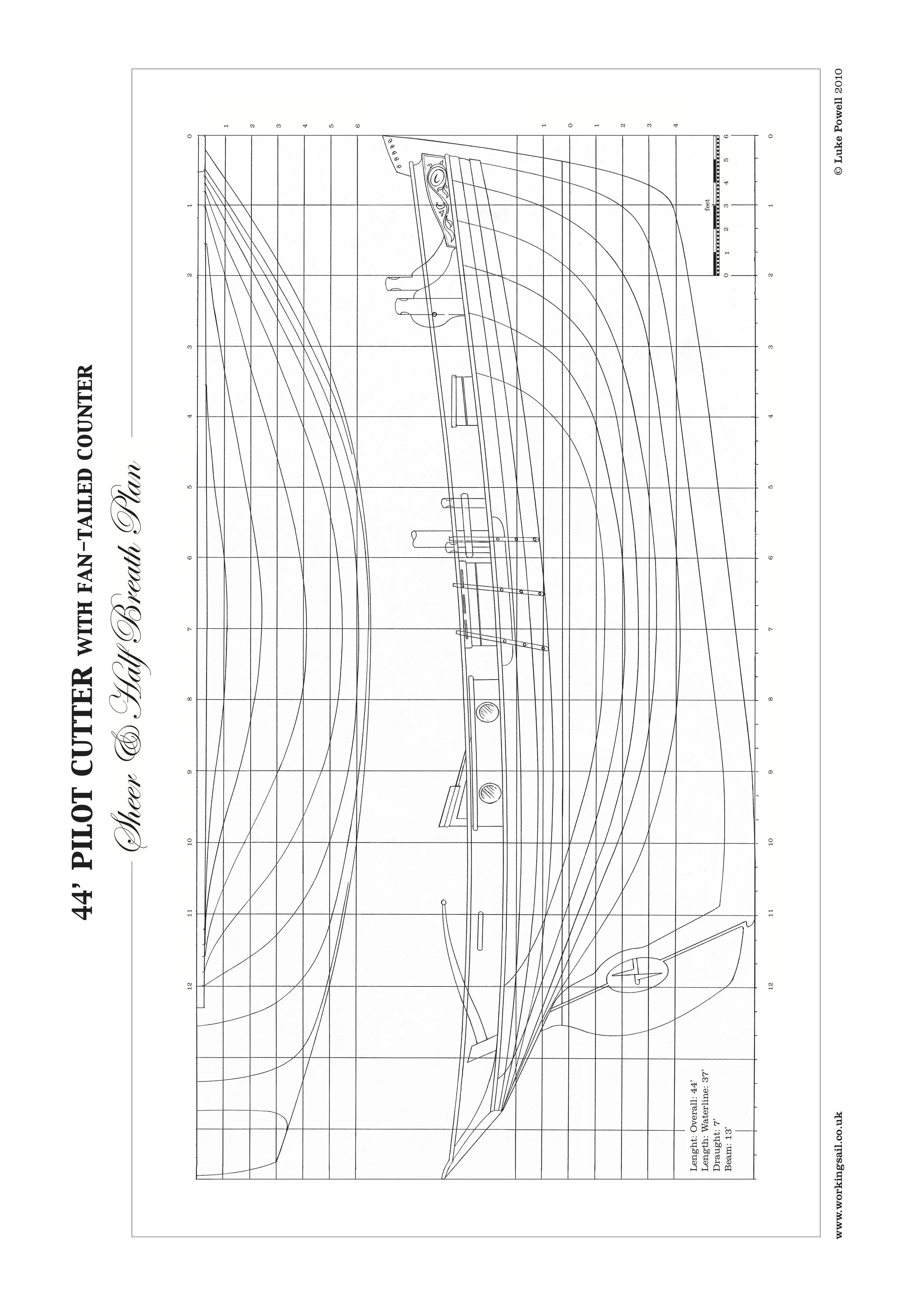 44ft Counter stern pilot cutter plan - Sheer and half breadth plan ...