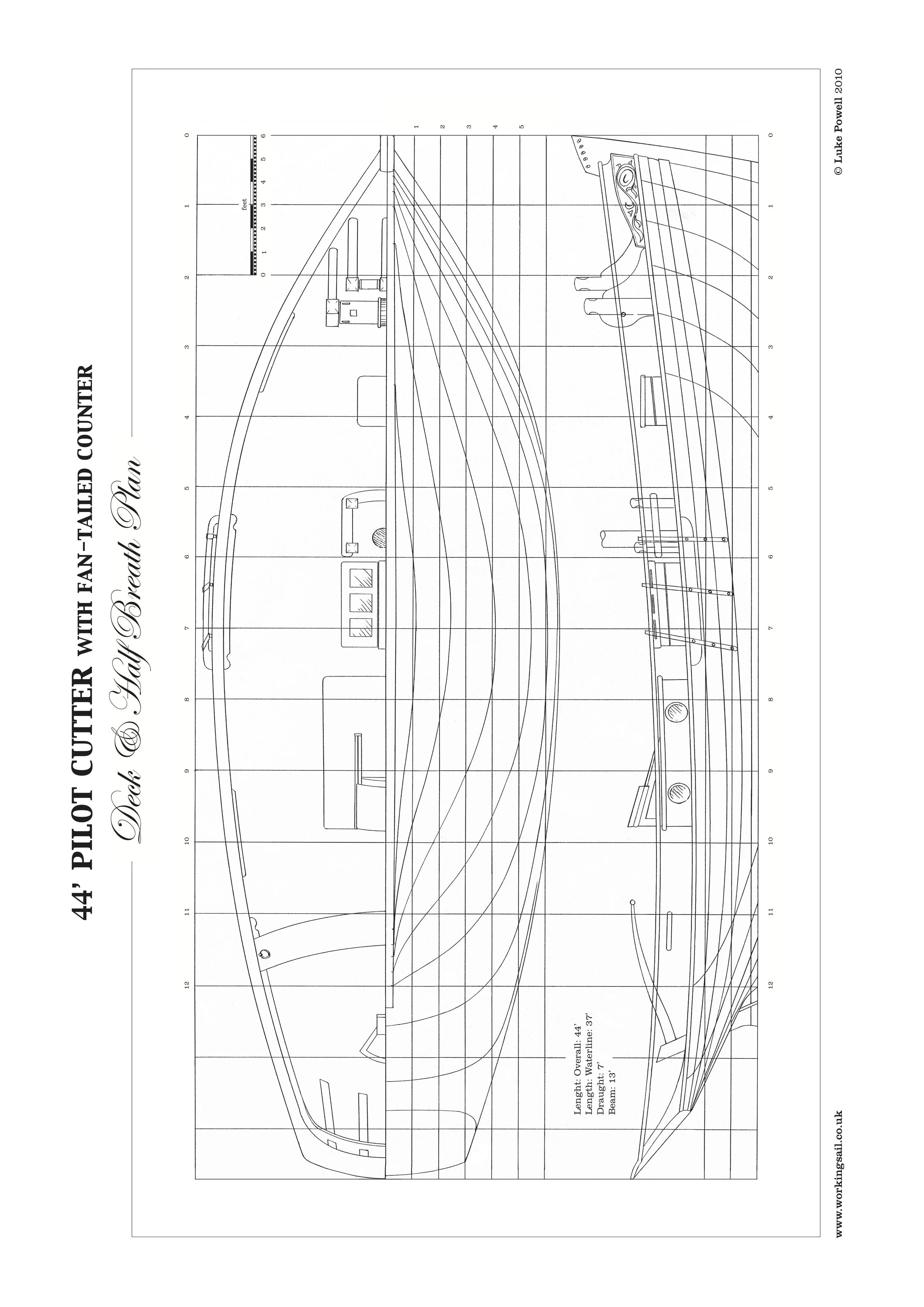 44ft Counter stern pilot cutter plan - Deck and half breadth plan ...