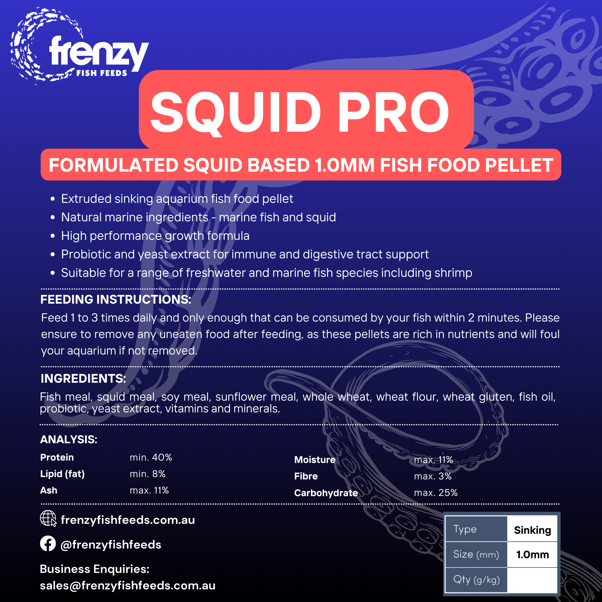 SQUID PRO Fish Food Sinking Pellets — Frenzy Fish Feeds