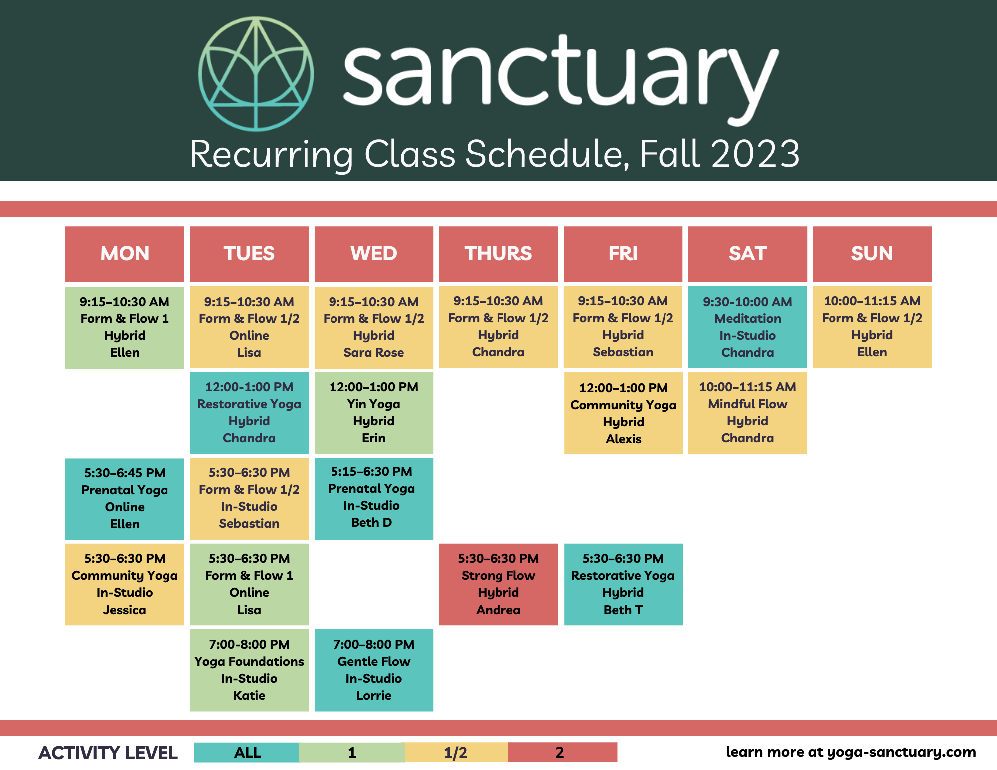 Fall Class Schedule 2023 — Sanctuary