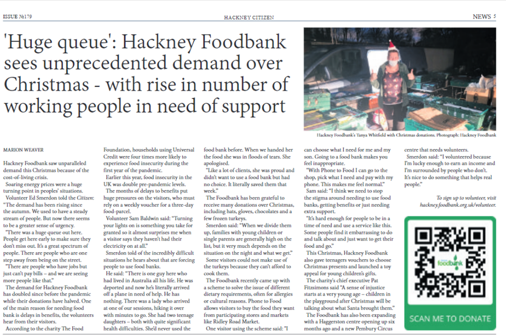 Hackney Foodbank in the press - Hackney citizen — Hackney Foodbank