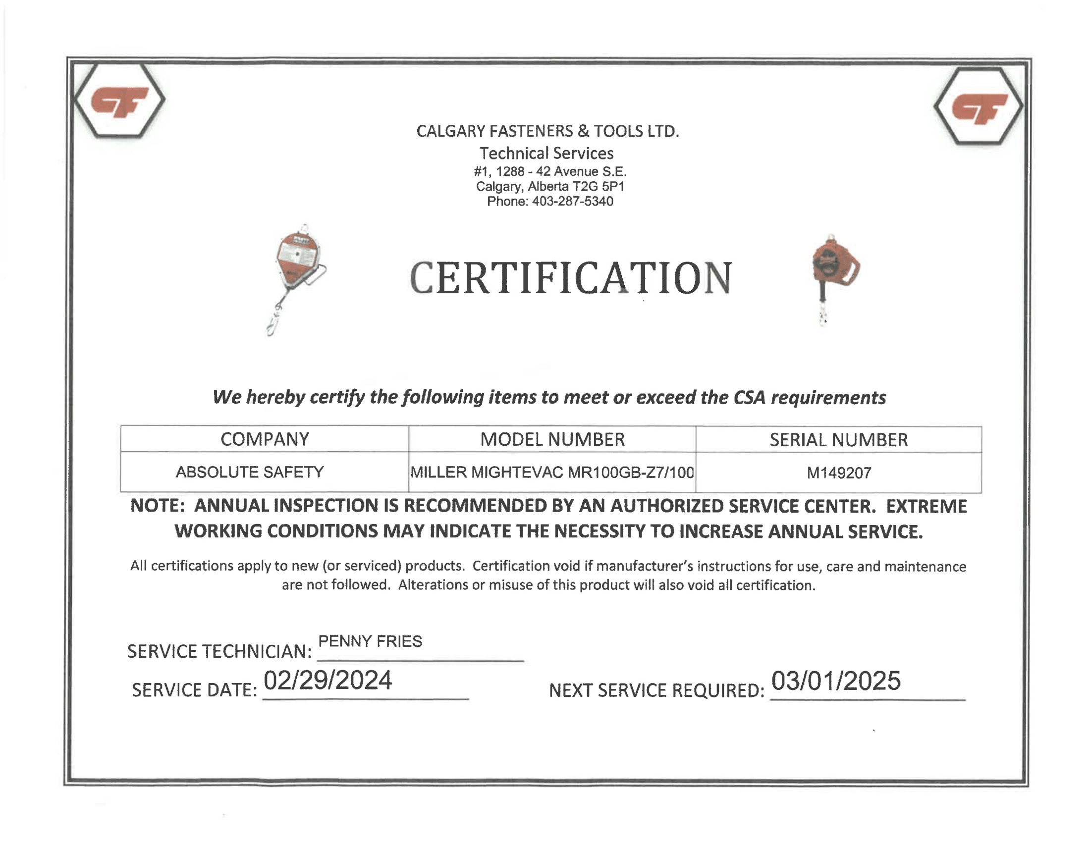 Miller MightEvac Certification — Absolute Safety Management Inc.