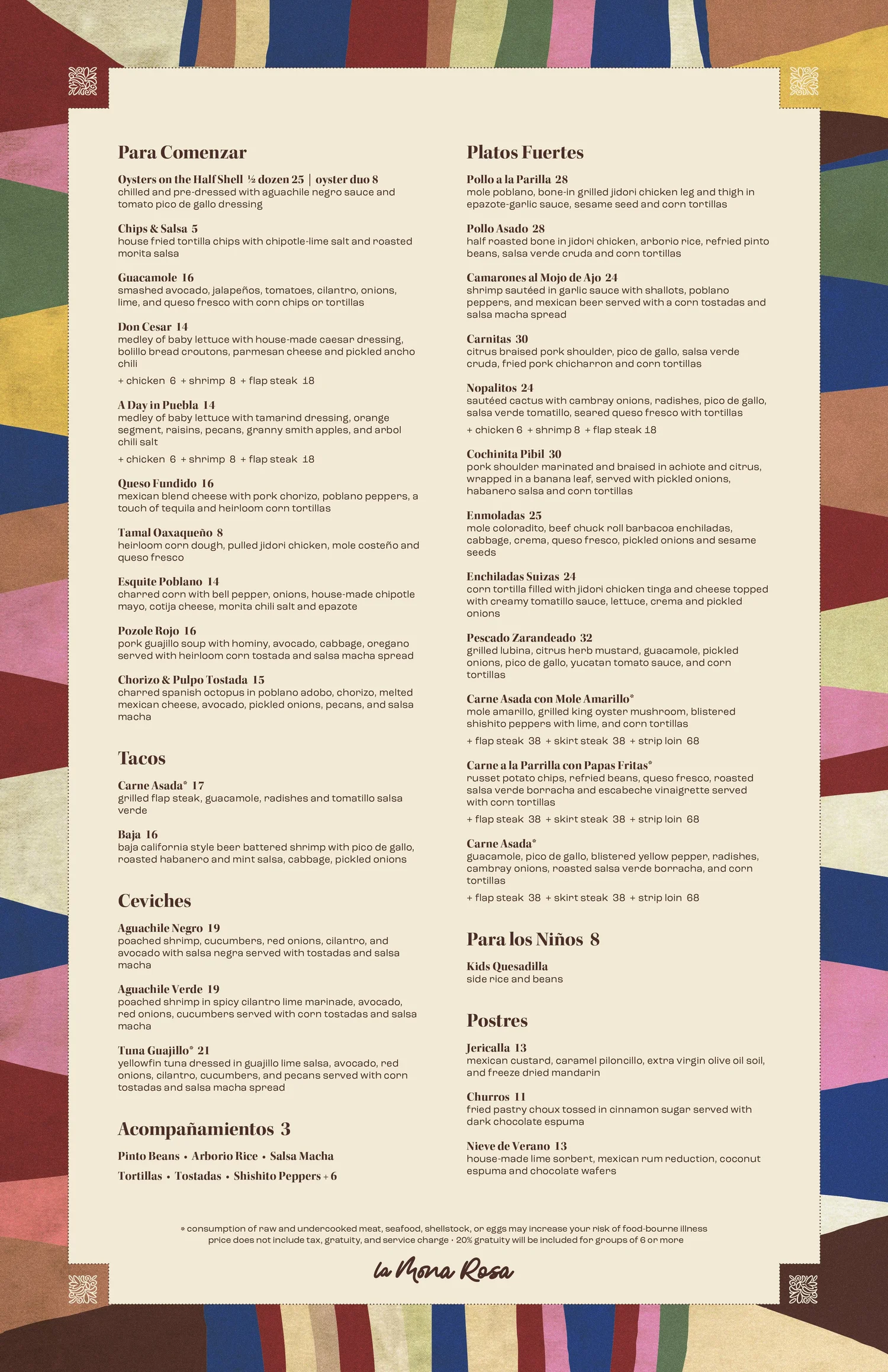 Dinner Menu — LA MONA ROSA