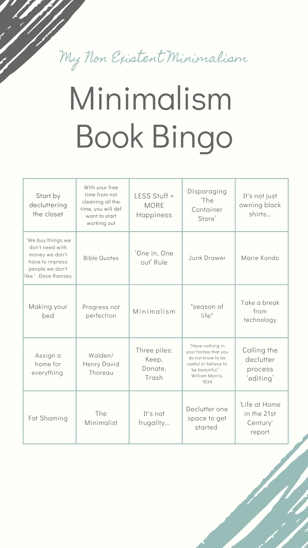 Minimalism Bingo Card — My Non Existent Minimalism