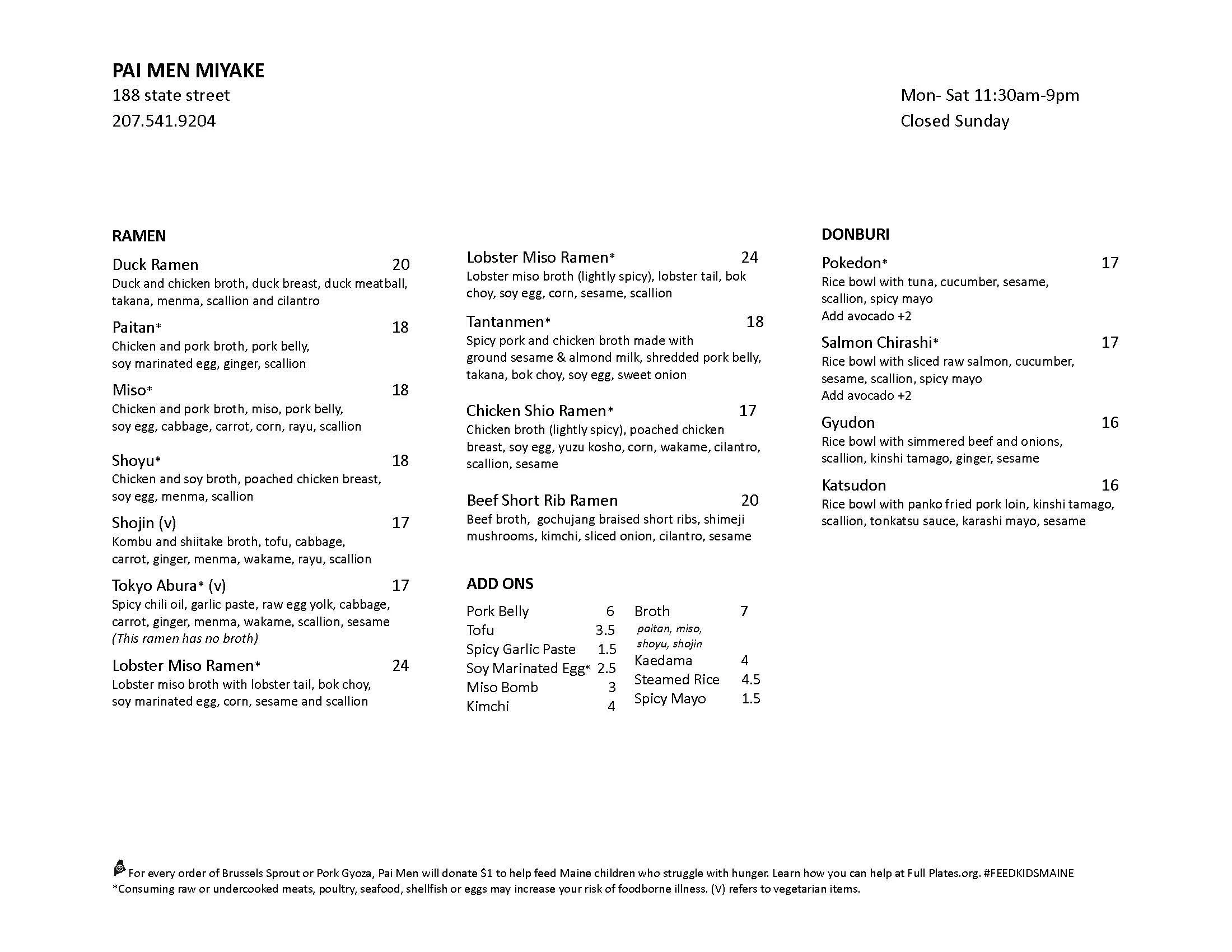 Pai Men Menu — Miyake Restaurants