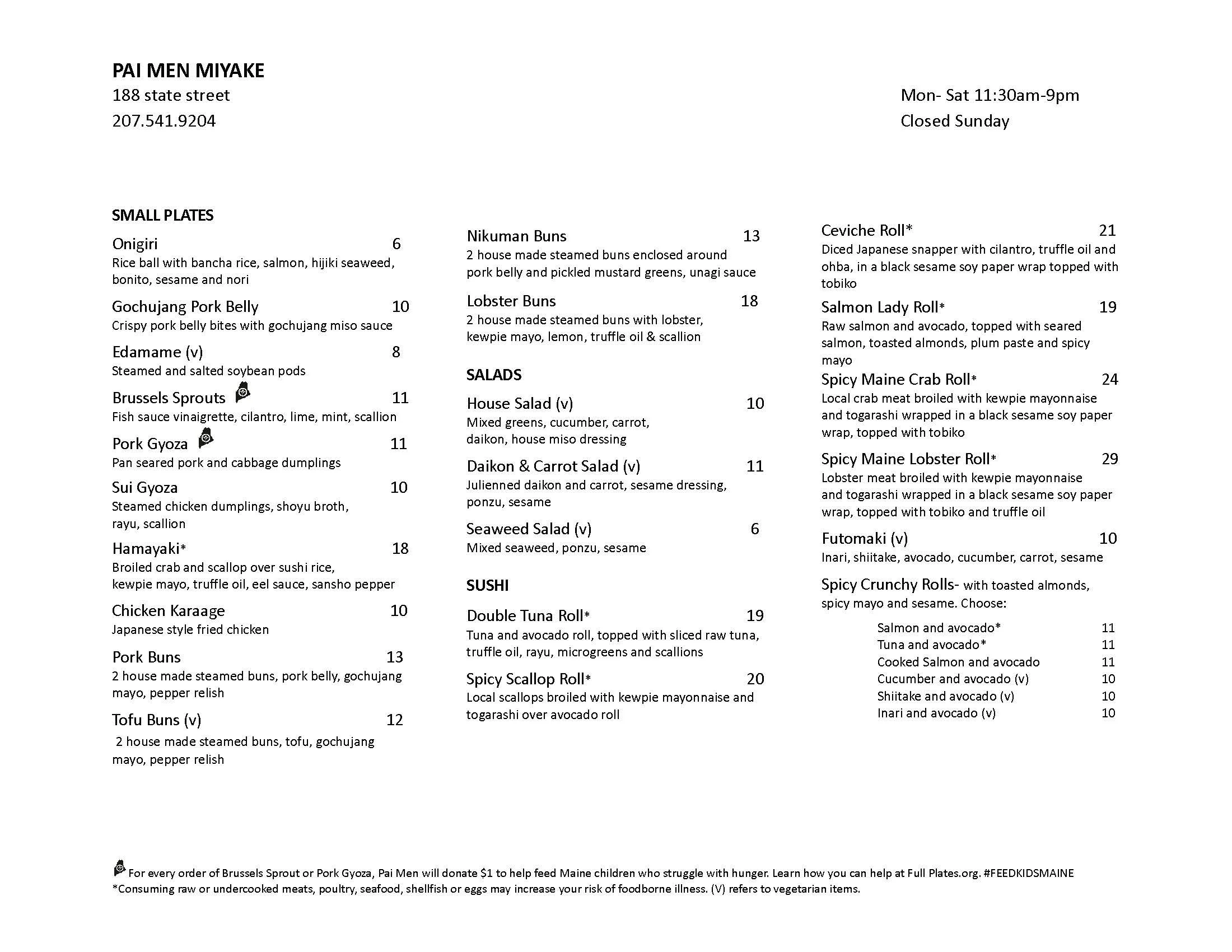 Pai Men Menu — Miyake Restaurants
