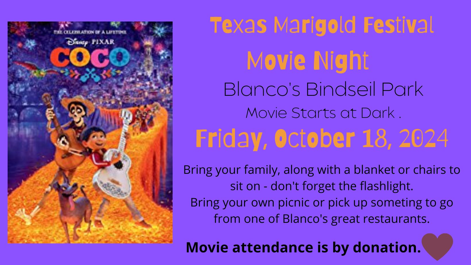Movie Night in the Park - Disney's CoCo — Texas Marigold Festival