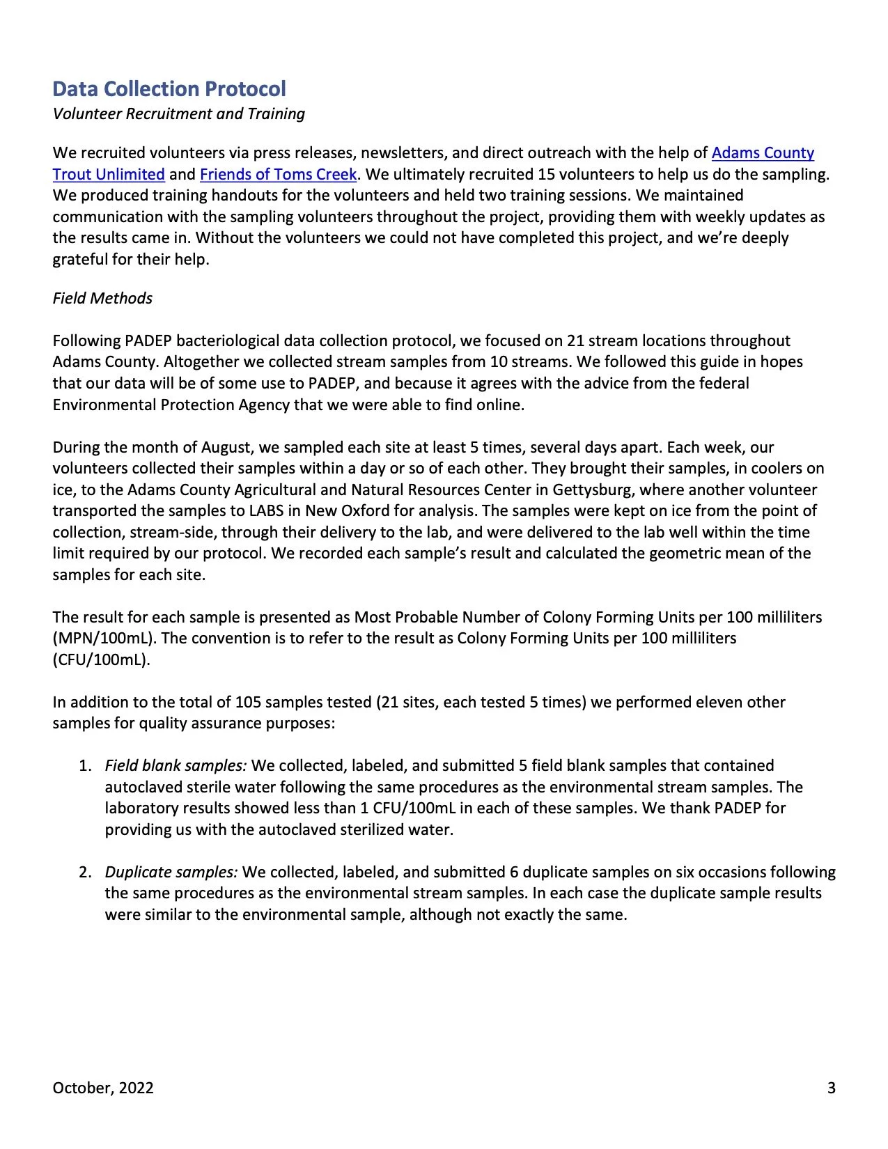 Pathogen testing report 2022 — Watershed Alliance of Adams County