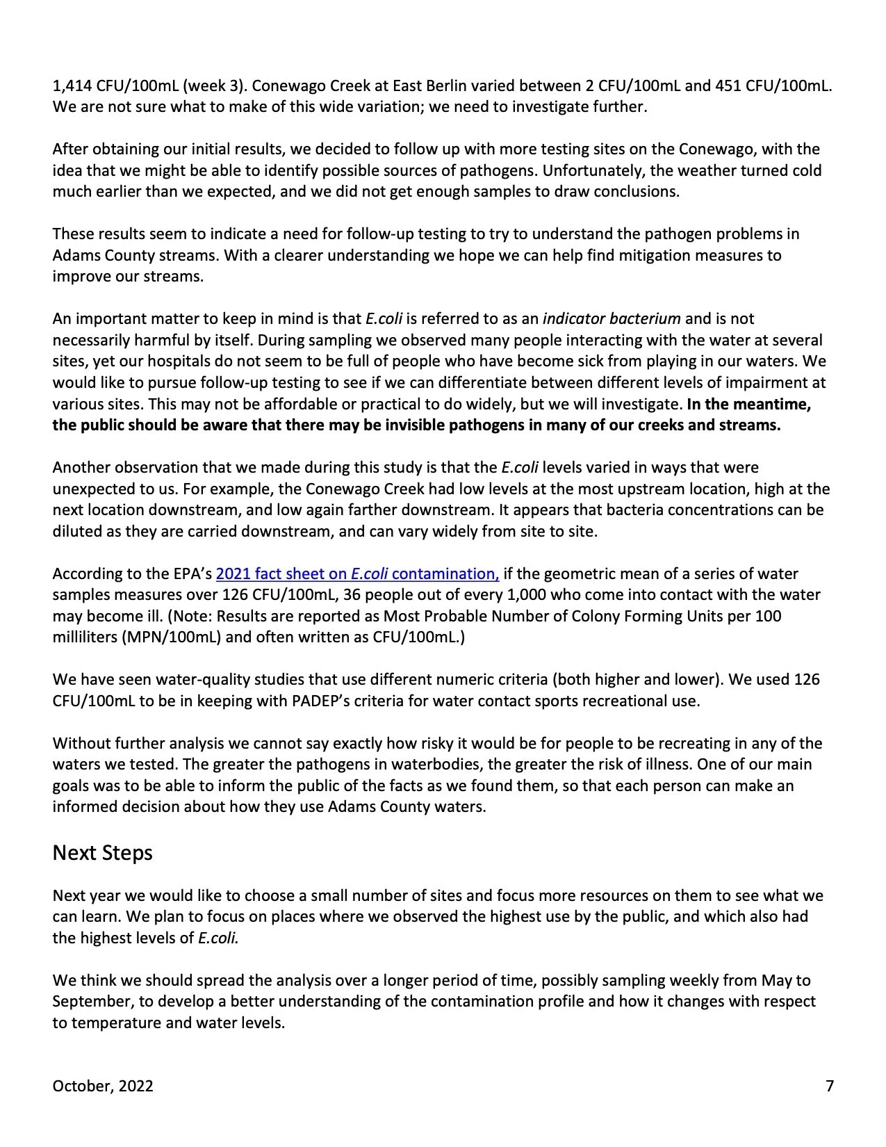 Pathogen testing report 2022 — Watershed Alliance of Adams County